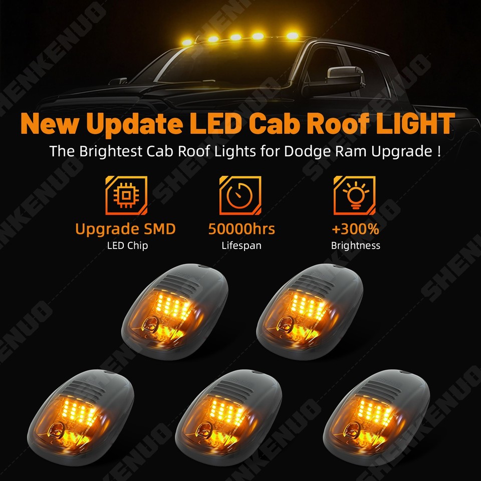 5X Amber LED Cab Roof Marker Lights For 2003-2018 Dodge Ram 1500 2500 ...