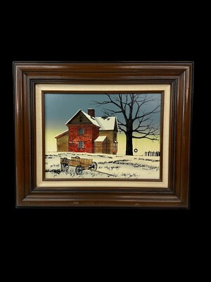 H. Hargrove Framed Painting Signed Great Condition Winter Farm House ...
