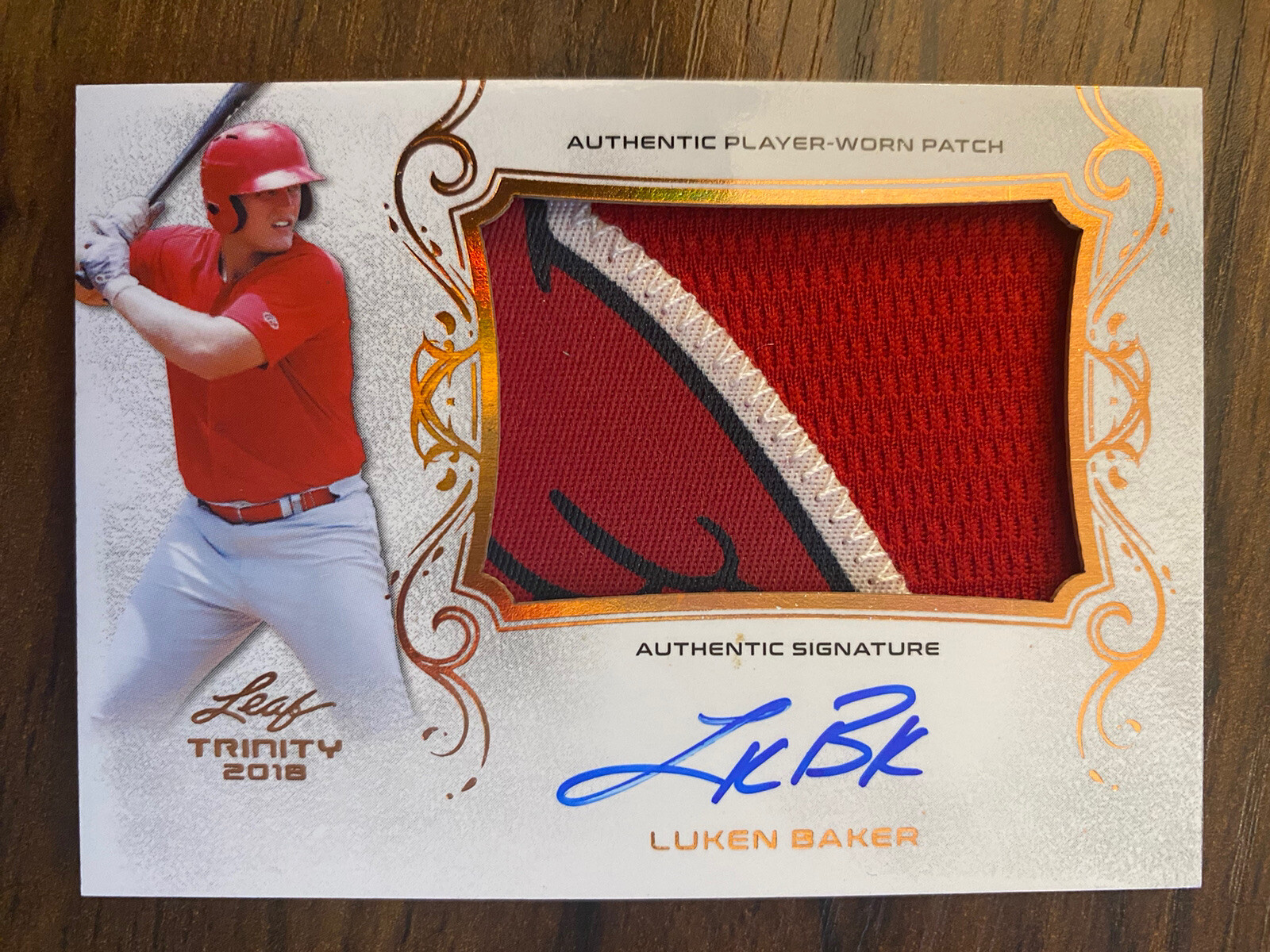 LUKEN BAKER 2018 LEAF TRINITY BRONZE Jersey PATCH AUTOGRAPH Auto ...