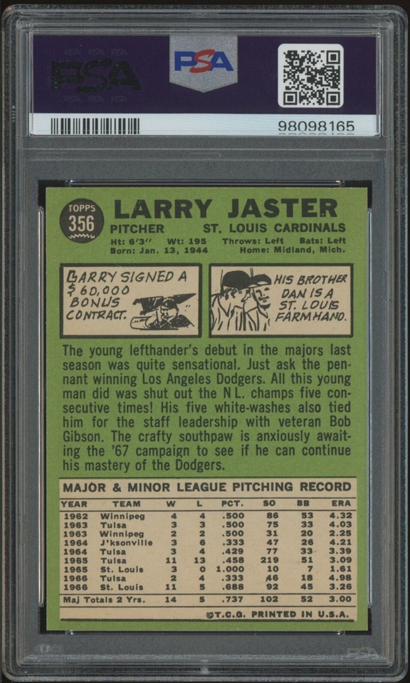 1967 Topps #356 Larry Jaster St. Louis Cardinals PSA 10 GEM MINT | eBay