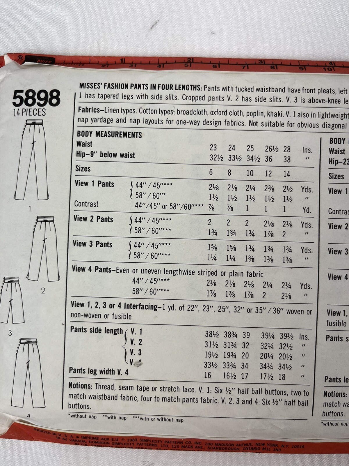 Simplicity 5898 Vintage 80s Tapered Leg Pants w Pleats 4 Lengths Size ...