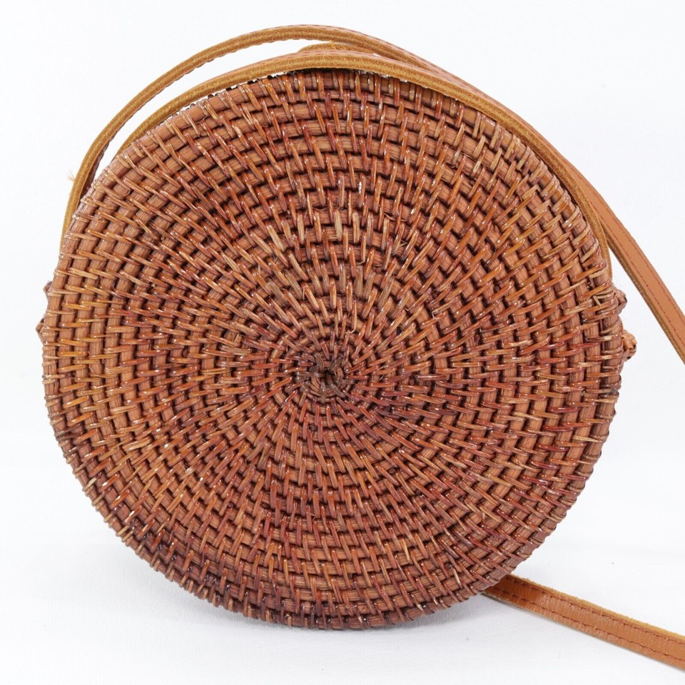Rattan Round Handbag Women Brown Woven Weave Hinge Lined Crossbody Bag ...