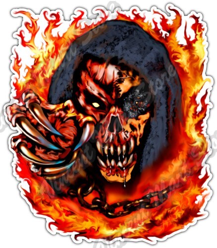 Demon Skull Evil Fire Gothic Bike Biker Car Bumper Vinyl Sticker Decal ...