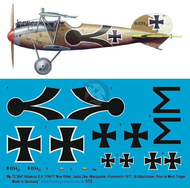 Peddinghaus 1/72 Albatros D.V Markings Max Ritter von Muller Jasta 28 ...