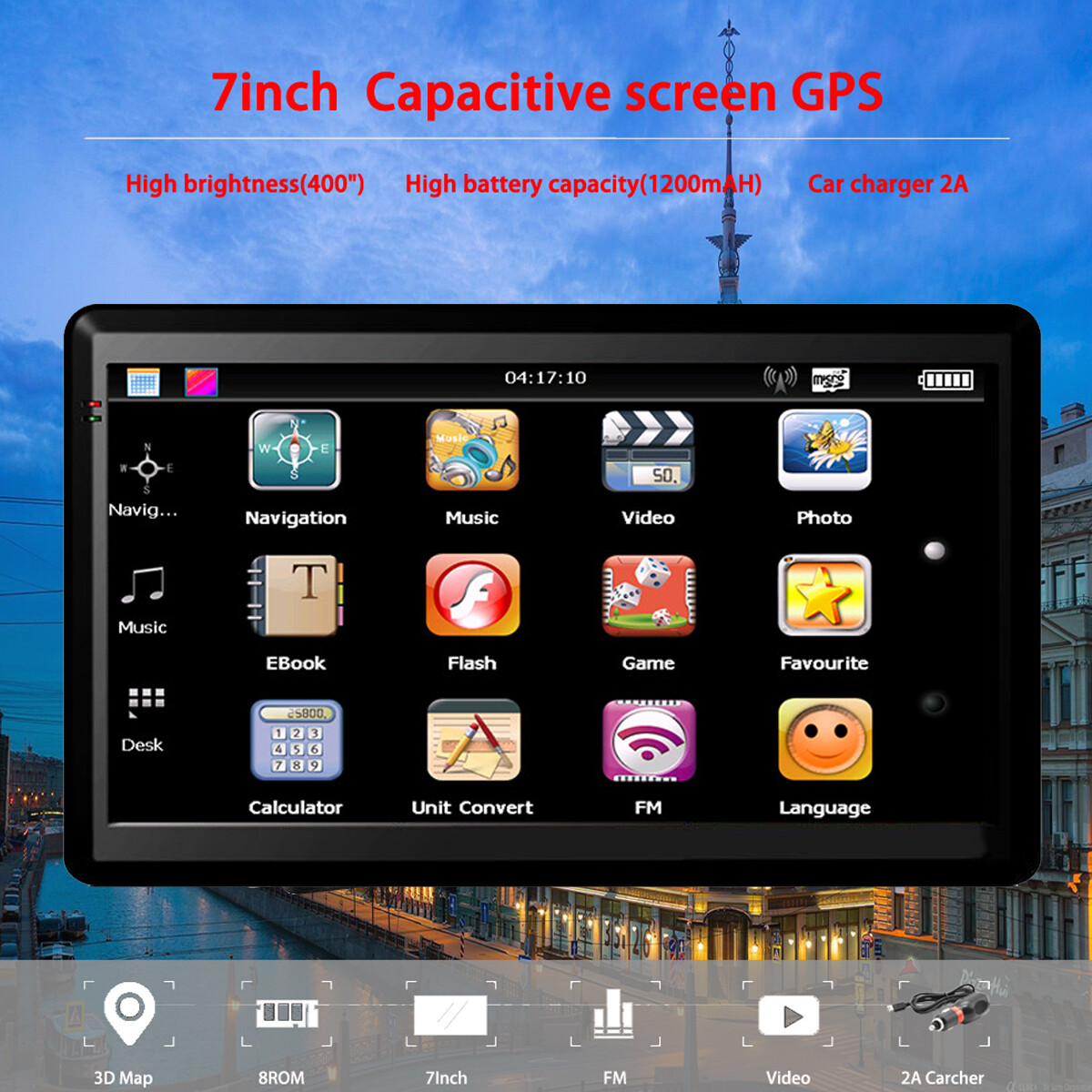 7in Car Sat Nav GPS Navigation 8GB Free Lifetime UK&EU Maps Touch ...