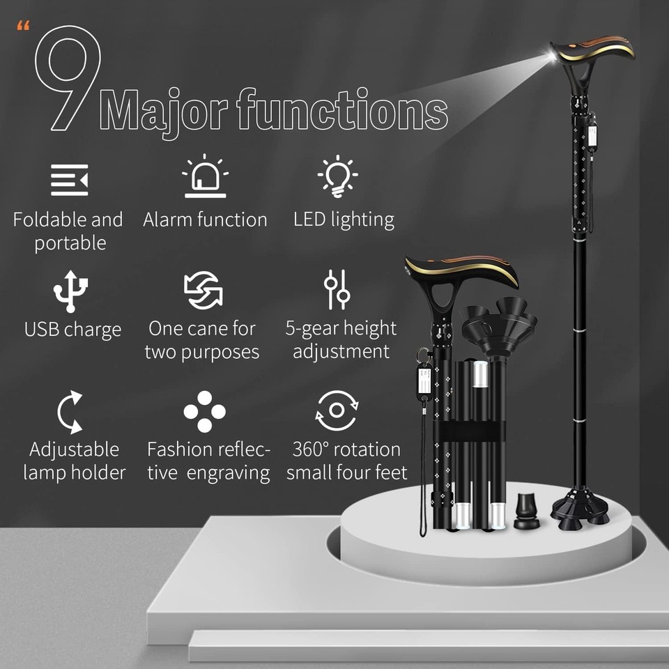 Folding Cane, Smart Alarm Foldable Cane with Light, Fashion Walking ...