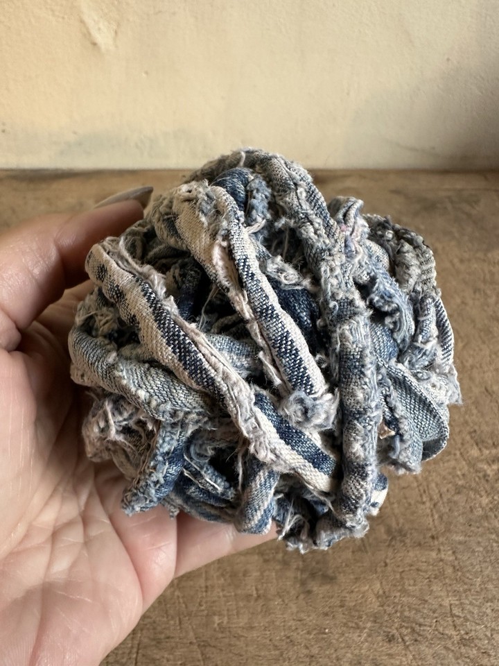 Three Old Denim & Ticking Fabric Strip Rag Balls Blue Textile Handmade ...