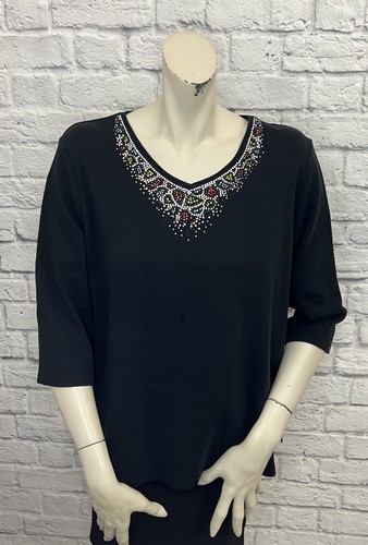 QUACKER FACTORY WOMEN'S BLACK EMBELLISHED 3/4 SLEEVE TEE TOP SIZE XL | eBay