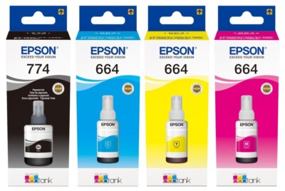 EPSON 774 Black & 664 Cyan Magenta Yellow Ink EcoTank ET-4550 ET-3600 ...