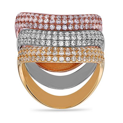 Three Tone Color Triple Ring .925 Sterling Silver CZ Three Piece Wave ...