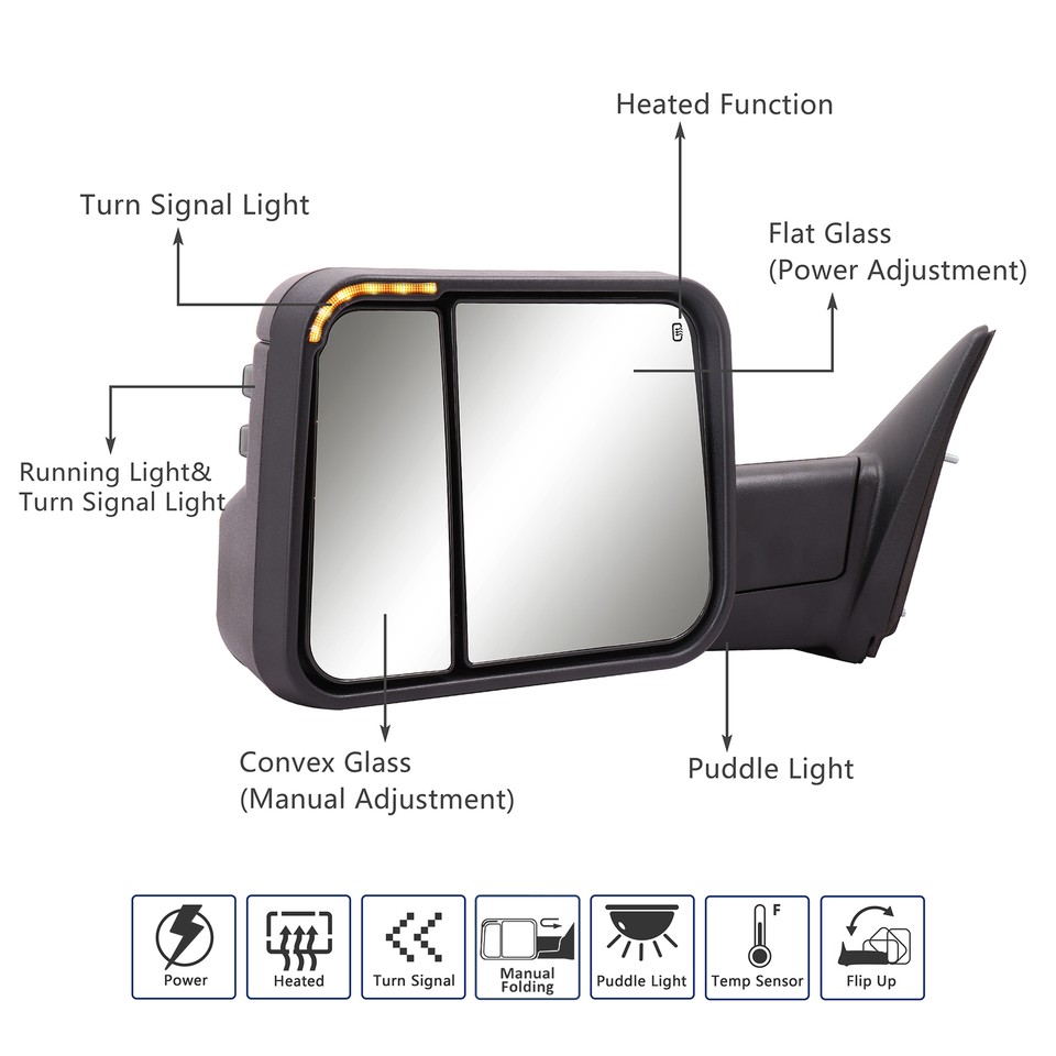 Tow Mirror Assembly Heated Manual Flip Up LED DRL For 09-18 Dodge Ram ...