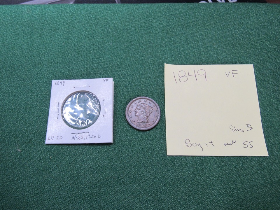 1849 large cent VF COIN GRADED BY A COIN DEALER NOT ME SO SELLING AS ...