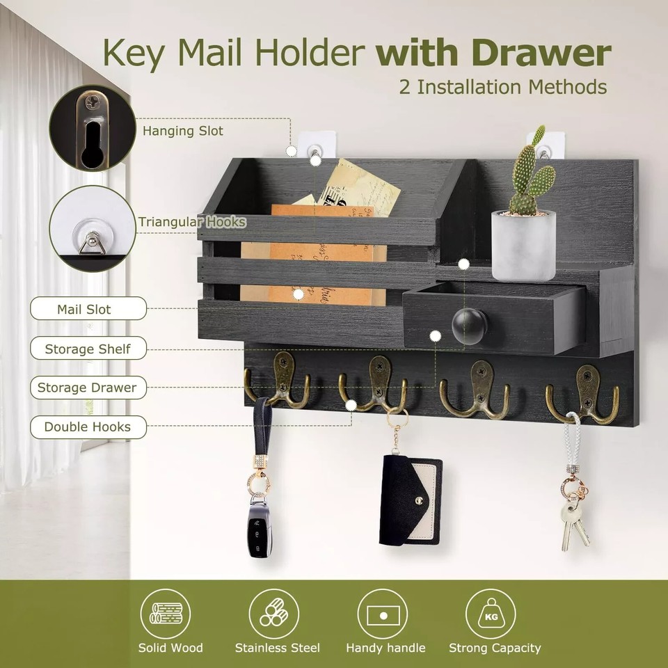 Key Mail Holder For Wall Black Wooden Key Mail Organizer With Drawer ...