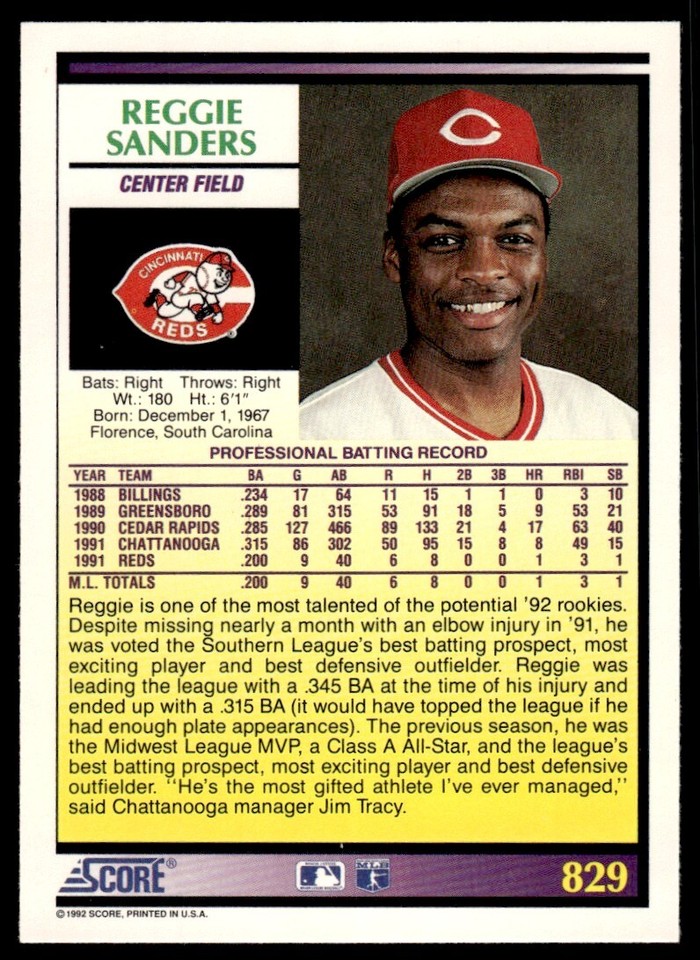 1992 Score Baseball Card Reggie Sanders Cincinnati Reds #829 | eBay