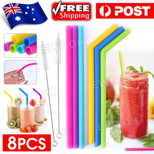 8x Silicone Straight Bent Straws Reusable Drinking Straw Grade Cleaning ...