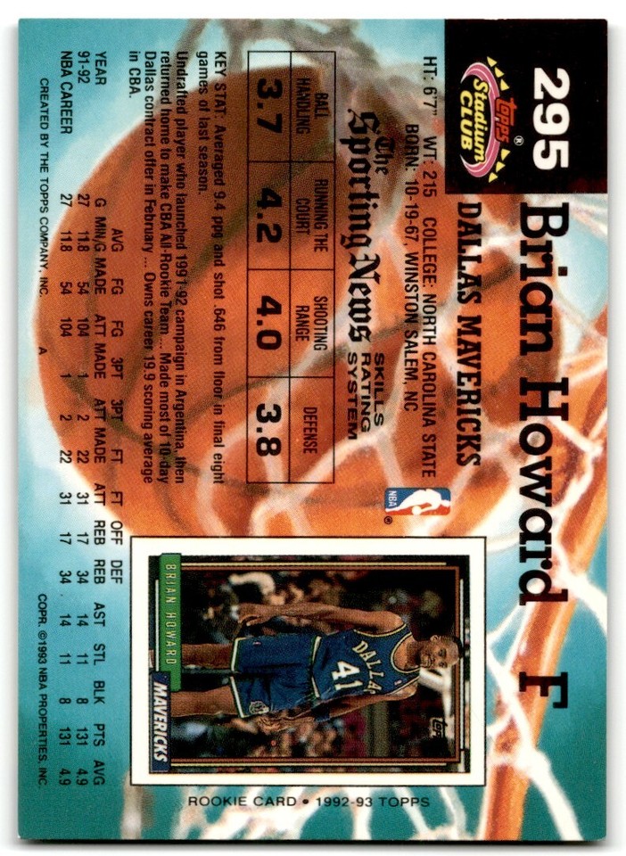 1993-94 Topps Stadium Club Brian Howard Dallas Mavericks #295 | eBay