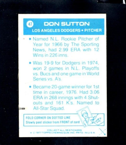 6049* 1977 Topps Cloth Sticker # 47 Don Sutton | eBay