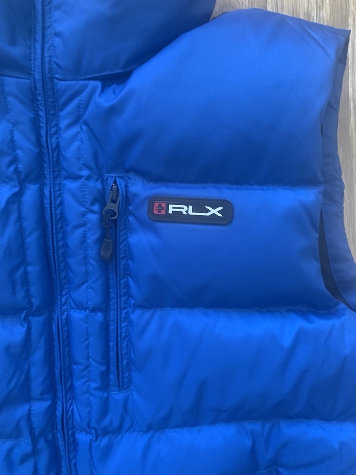 Ralph Lauren RLX Blue Down Puffer Vest Large Ski & Outdoor Style Hooded ...