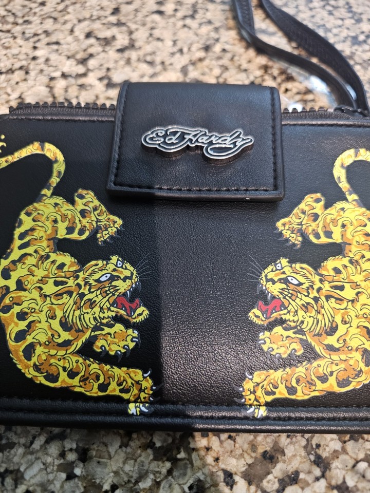 Ed Hardy Screaming Tigers Print Double Zip ID's Wallet Wristlet Coin ...