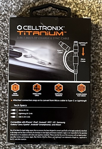 Charger Cable Iphone Android Celltronix Titanium 3 In 1 Multi Tip | eBay