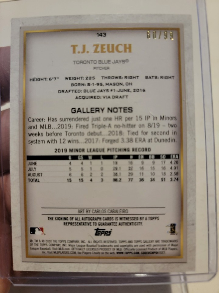 T.J. Zeuch 2020 Topps Gallery Rookie Autograph Card #/99 Toronto Blue ...