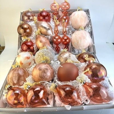 Frontgate Rose` 24 Piece Blown Glass Ornaments Glitter Feather 3 1/2"-8 ...