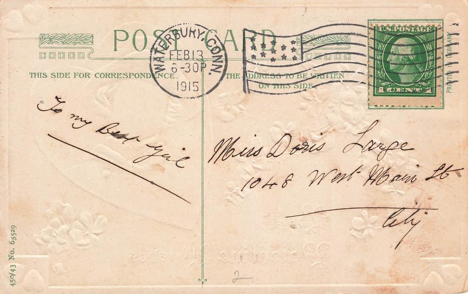 tm112 postcard Valentine postally used see scan heavily embossed 1915 ...