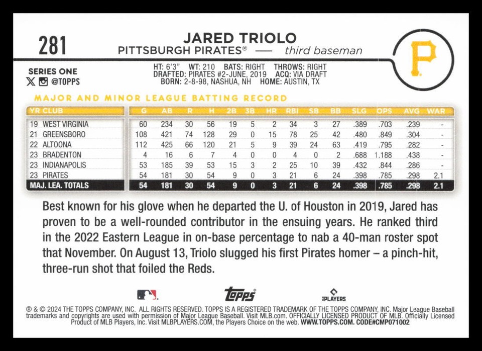 2024 Topps #281 Jared Triolo Pittsburgh Pirates Baseball Card | eBay