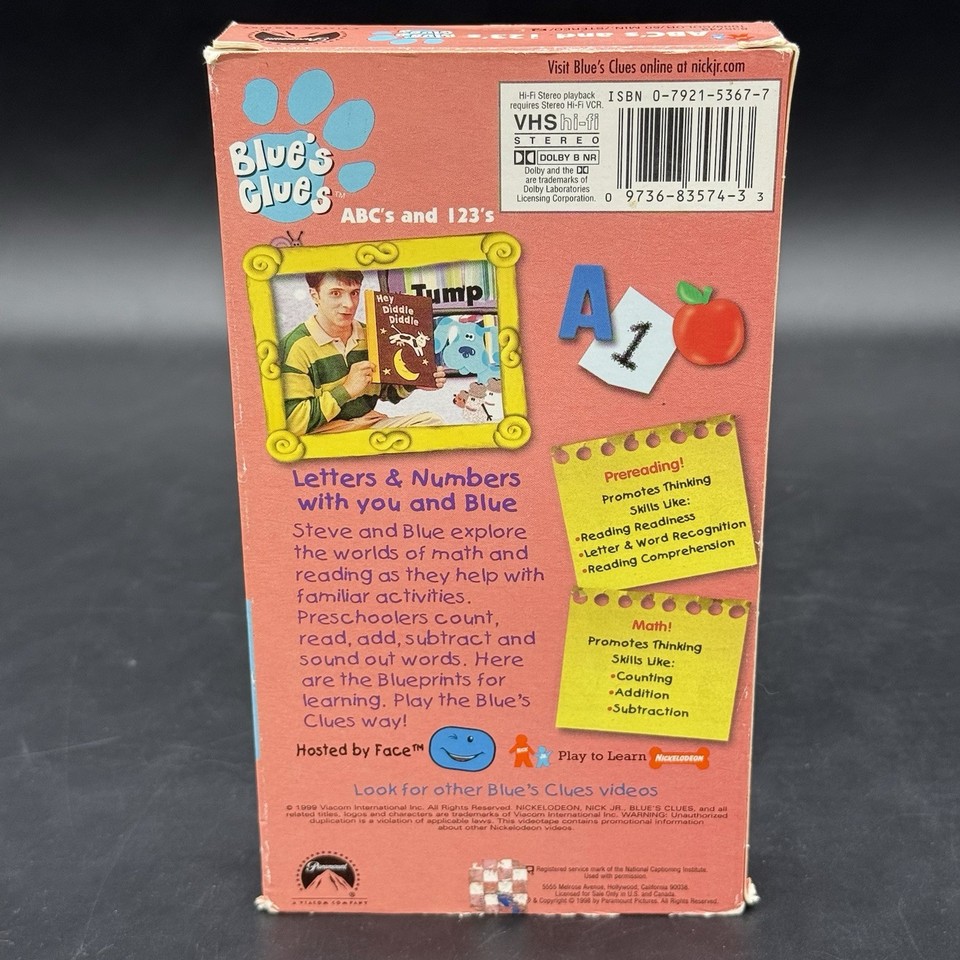 Blue’s Clues ABC’s and 123’s VHS Tape 1999 Nickelodeon Nick Jr Cartoon ...