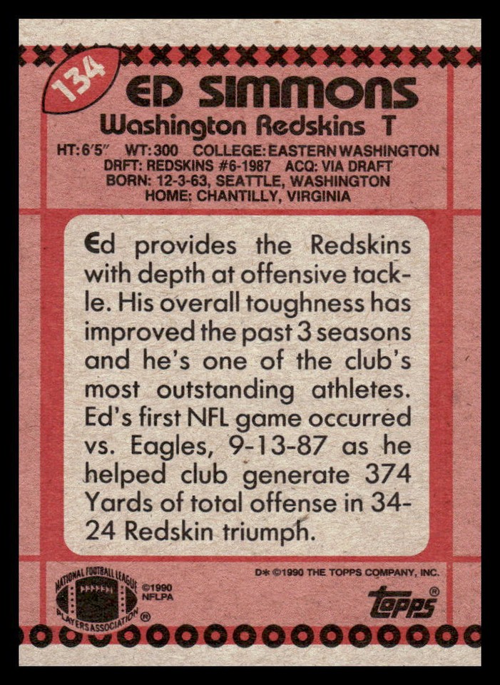 1990 Topps Ed Simmons #134 Washington Redskins Football Card | eBay