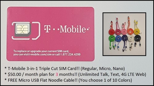 T-Mobile SIM Preloaded w/ 3 FREE Months ($50 Unltd.Talk,Text,& Web ...