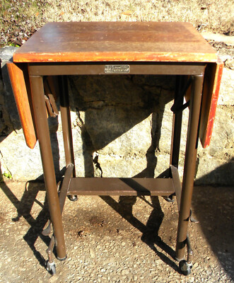 Vintage Typewriter Table Drop Leaf Rolling Wood Top Metal Stand Hi Lo ...