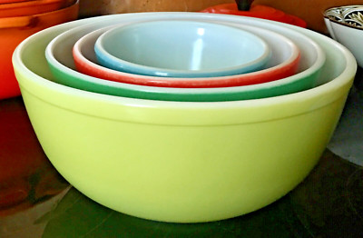 Pyrex Primary Color 4 Bowl Mixing Set Yellow Green Red Blue 401 402 403 ...