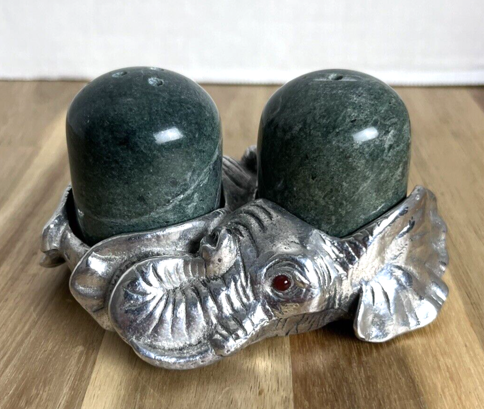 Arthur Court 1994 Cast Aluminum Elephant Salt & Pepper Set Green Marble ...