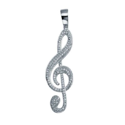 Men's Sterling Silver Treble Clef Musical Note Hip Hop Pendant w/ Micro ...