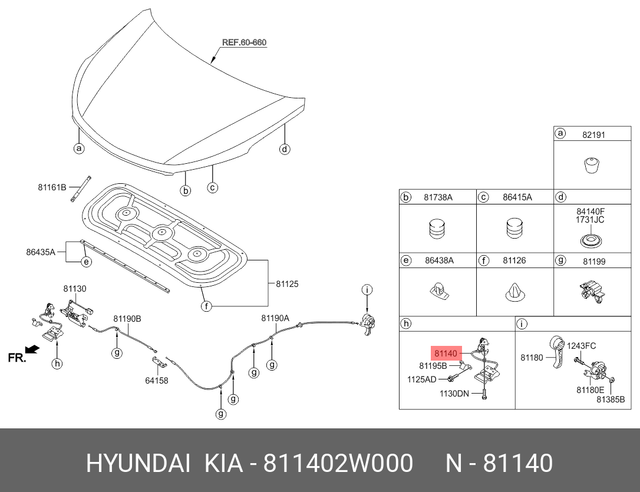Genuine OE Lever Sub - Assembly Hood 811402W000 for KIA 81140-2W000 ...