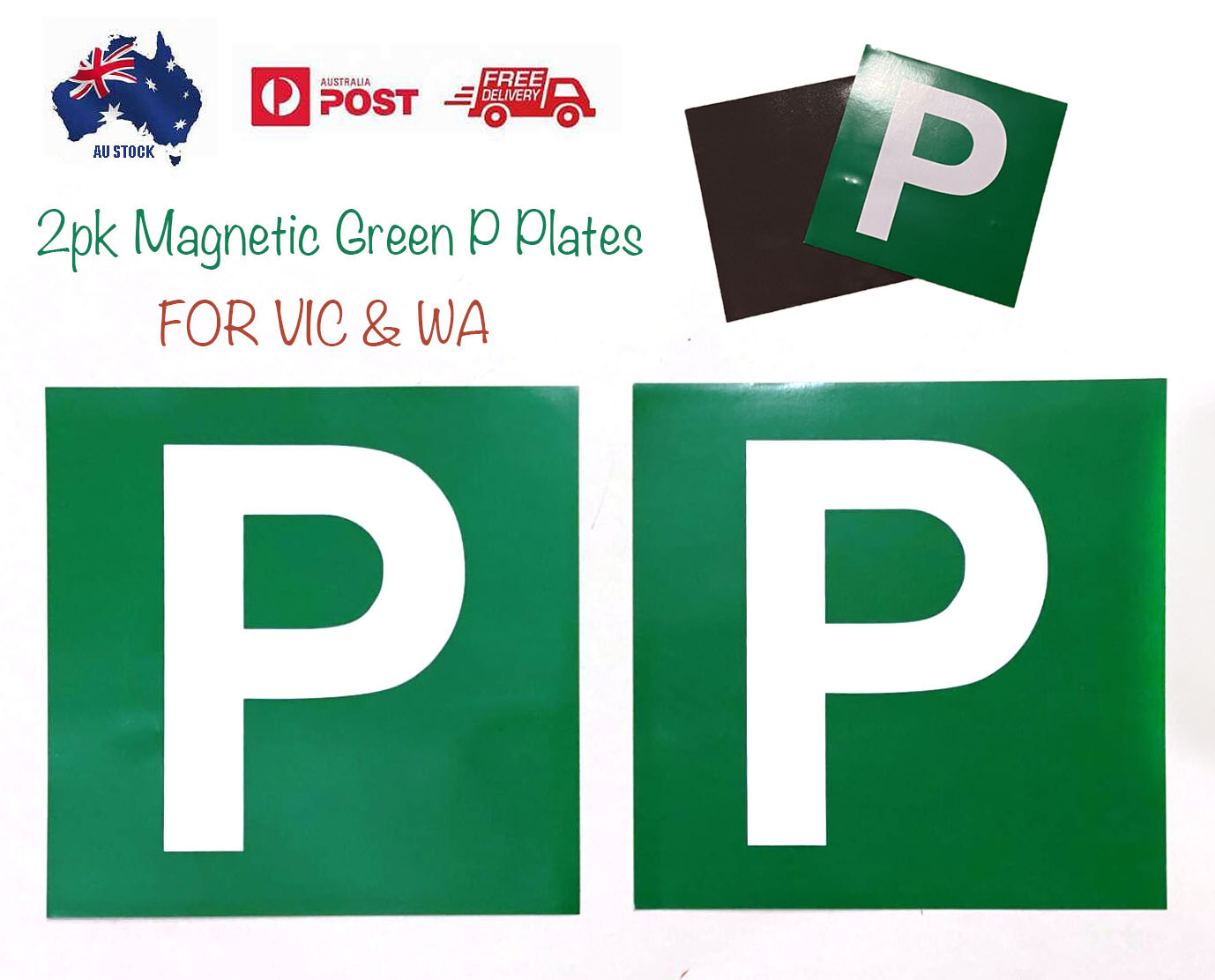 Brand New 2PK Magnetic Green P Plates Plate Car Driver License VIC WA ...