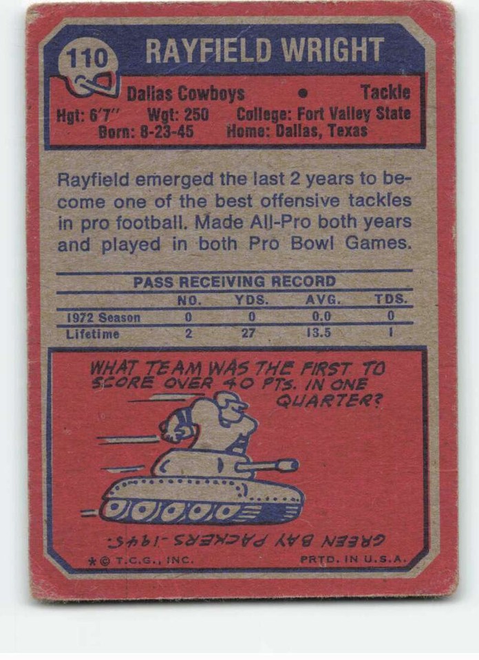 1973 Topps #110 Rayfield Wright G/VG Good/Very Good Cowboys ID:122949 ...