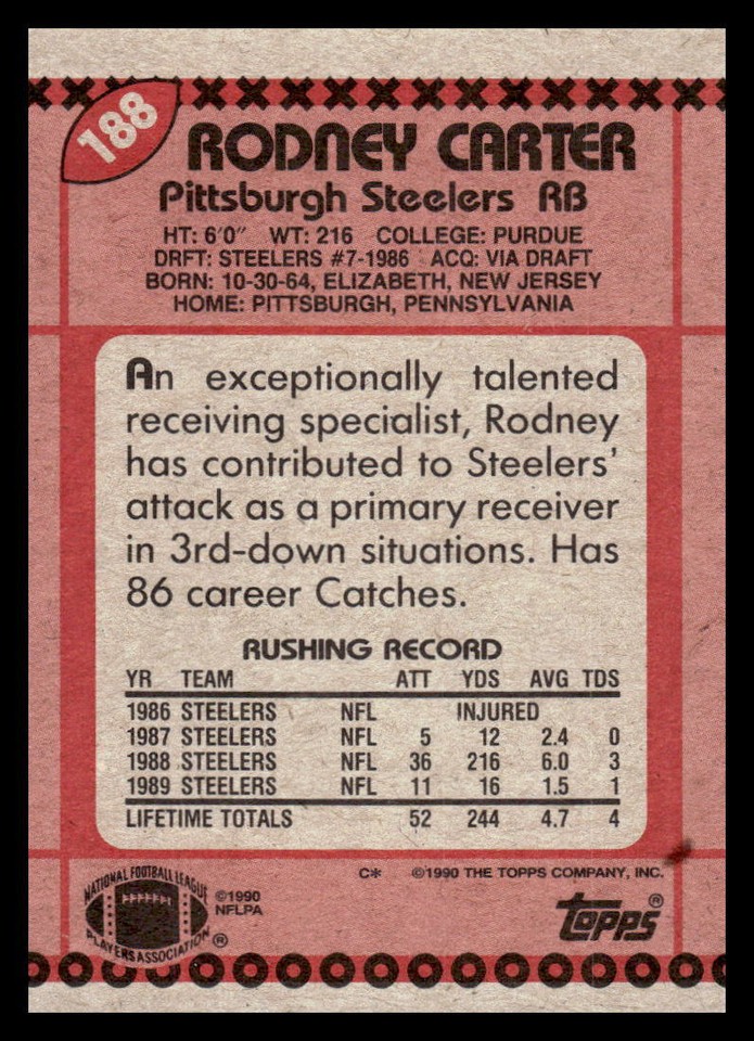 1990 Topps Rodney Carter #188 Pittsburgh Steelers Football Card | eBay