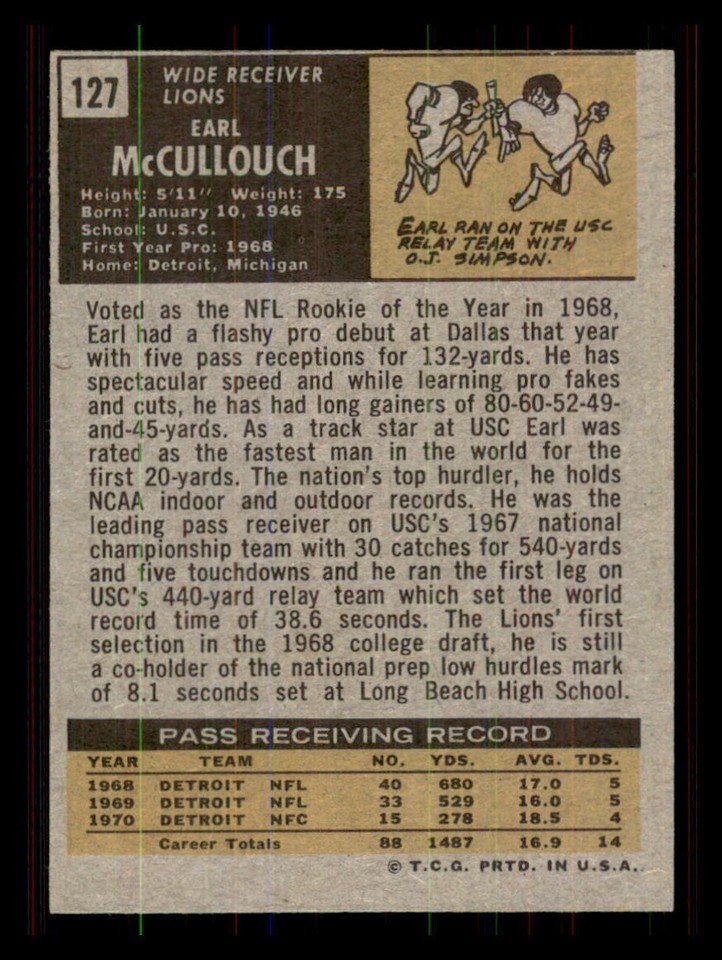 1971 Football Topps Earl McCullouch Detroit Lions #127 | eBay
