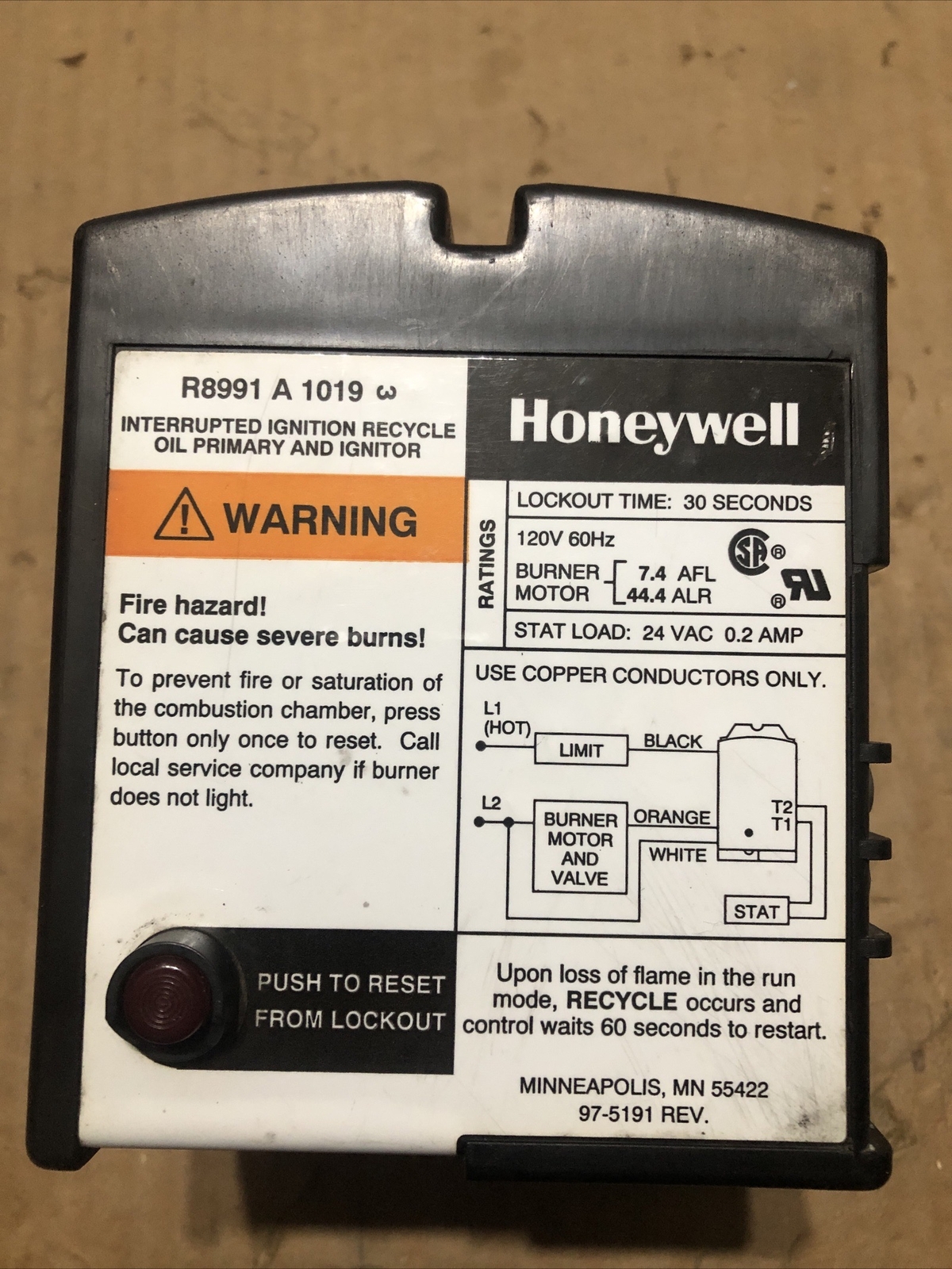 OEM Honeywell R8991 A 1019 Interrupted Ignition Oil Primary and Ignitor ...