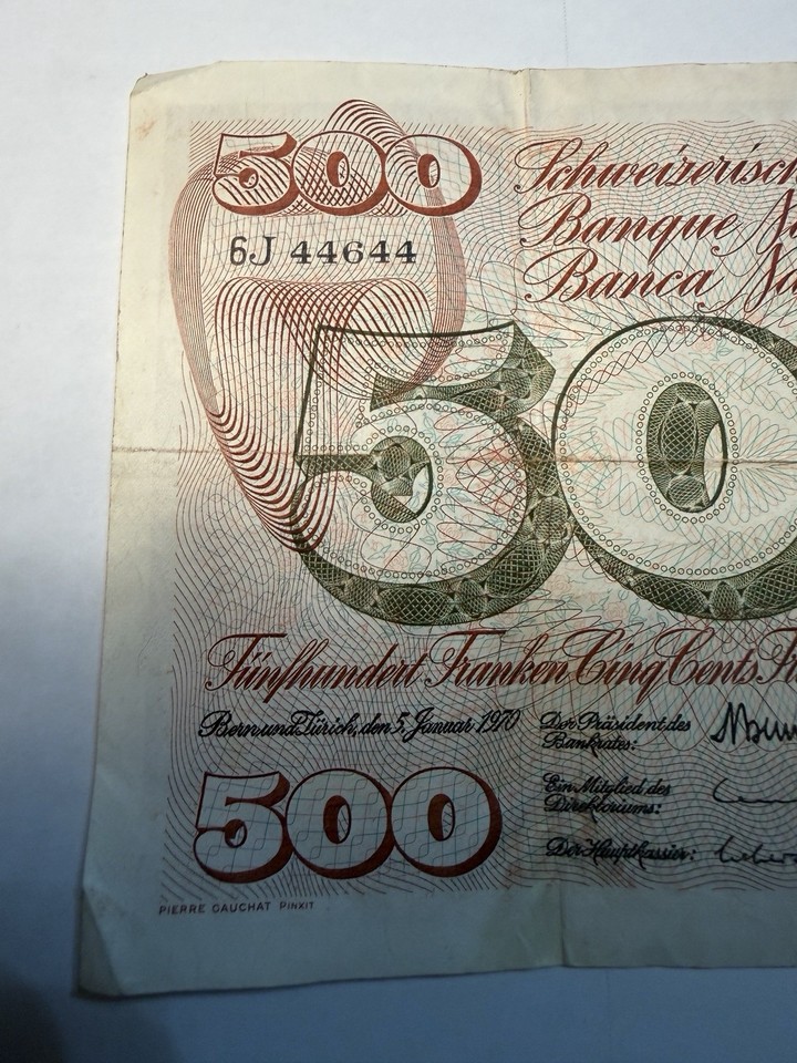 SWITZERLAND 500 FRANCS 1970 MIRROR LARGE SIZE SCARCE SWISS MONEY BANK ...