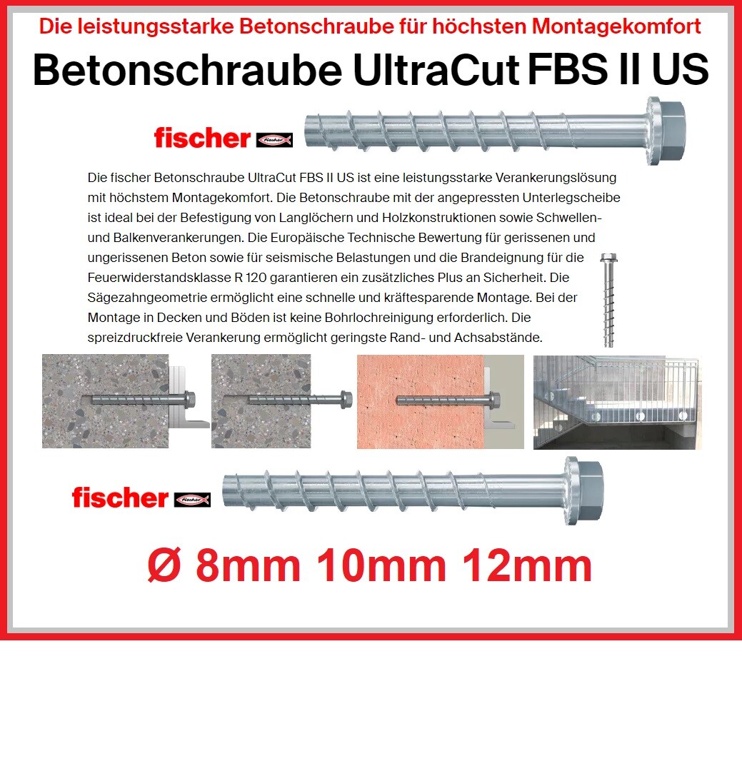 FISCHER Betonschraube UltraCut FBS II US Ø 8 10 12 mm L 70 80 85 100 ...