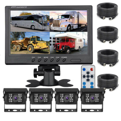 9" QUAD SPLIT MONITOR SCREEN 4x REAR VIEW BACKUP CCD CAMERA SYSTEM FOR ...
