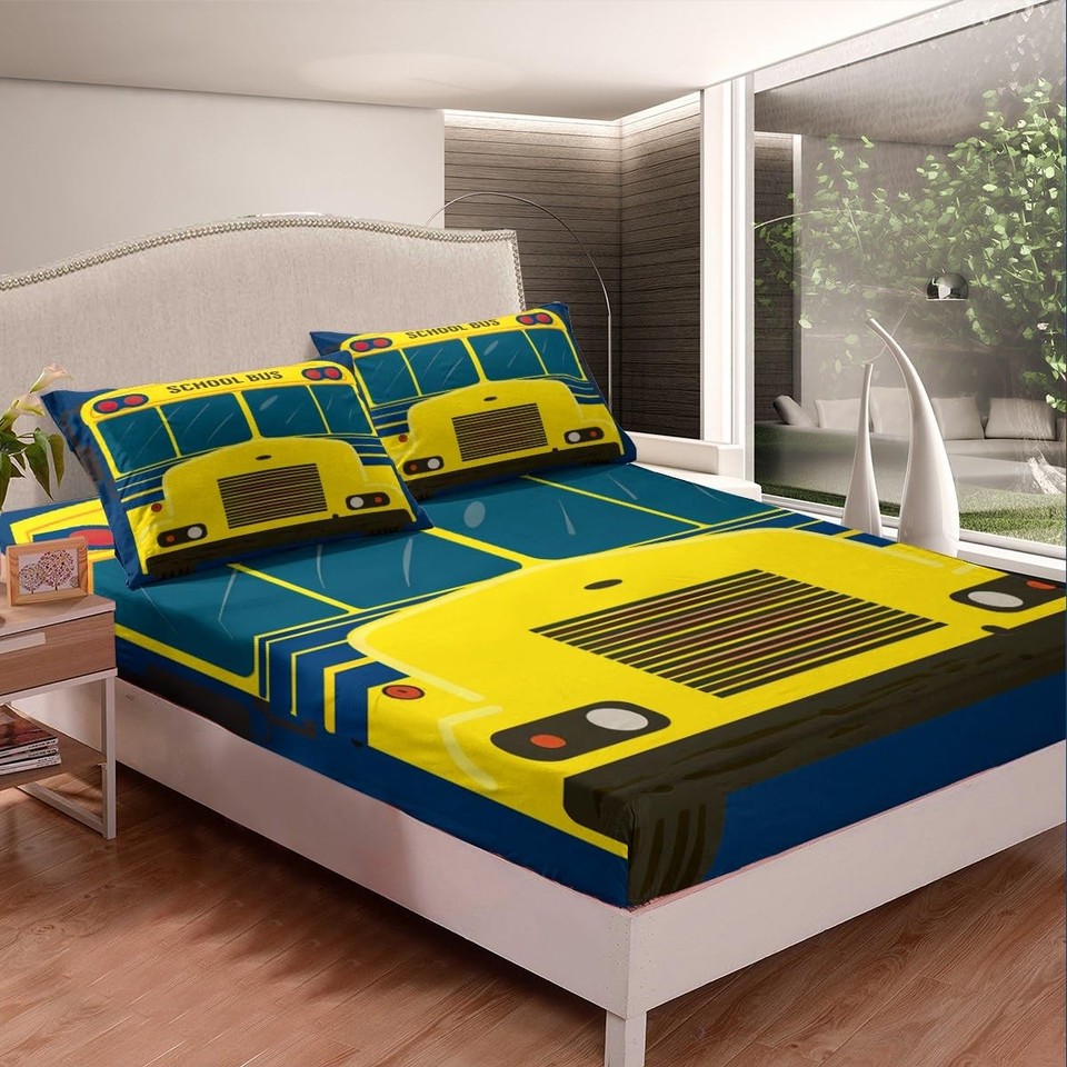 Cartoon Bus Bed Set Queen Size,Bright Yellow Car Print Navy Blue ...