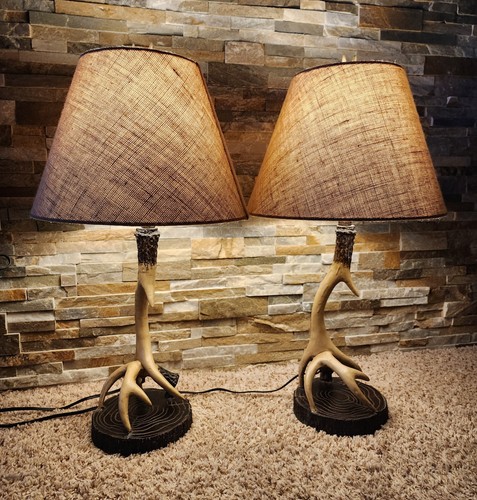 2 Cabin Hunting Lodge Deer Antler Table Lamps Rustic Woodtone Dark ...