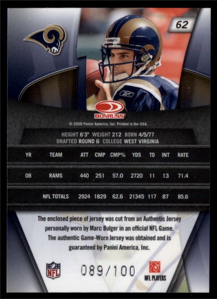 2009 Donruss Gridiron Gear Marc Bulger 089/100 St. Louis Rams #62 | eBay