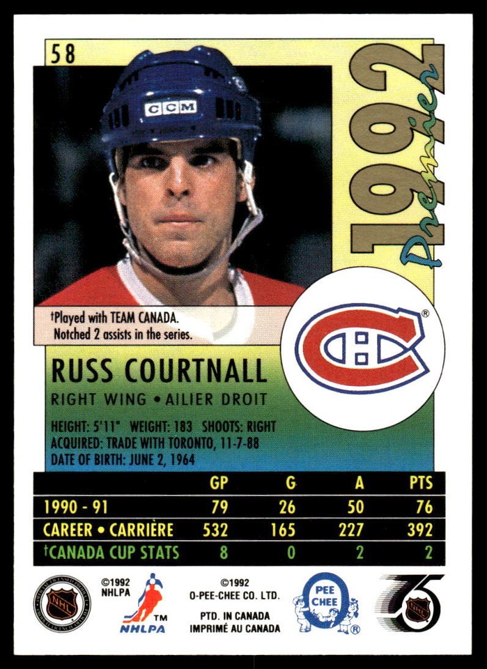 1991-92 O-Pee-Chee Premier #58 Russ Courtnall Montreal Canadiens Hockey ...