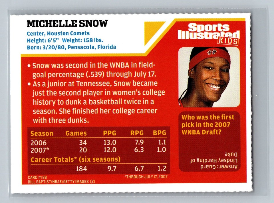 Michelle Snow 2007 Sports Illustrated for Kids #188 Basketball WNBA ...