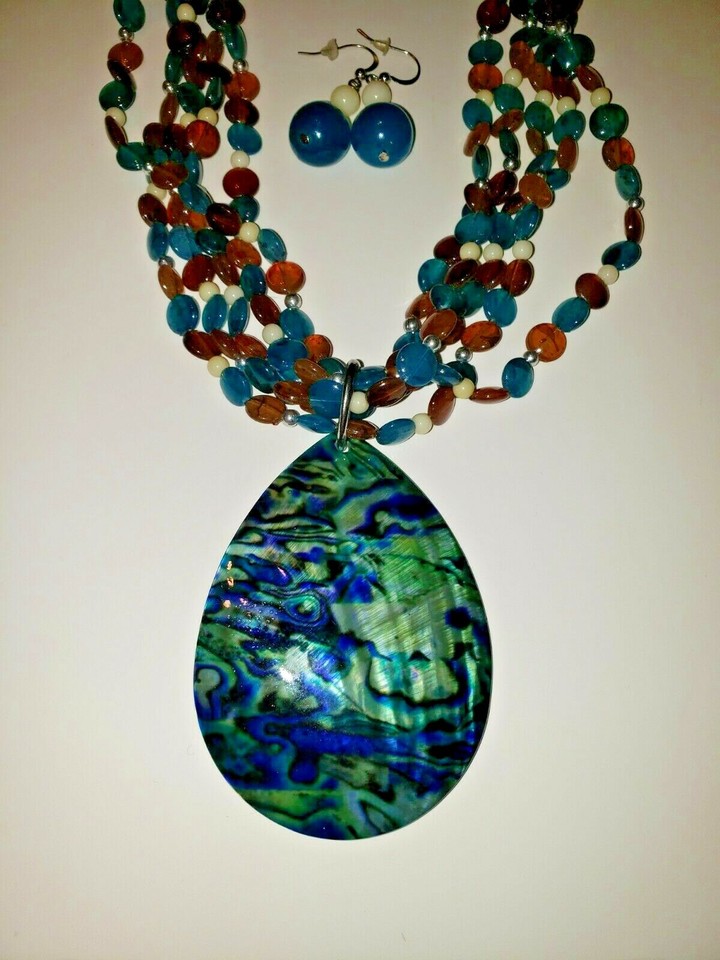 Mother Of Pearl Blue & Brown Bead Strand Necklace & Earings Large Shell ...
